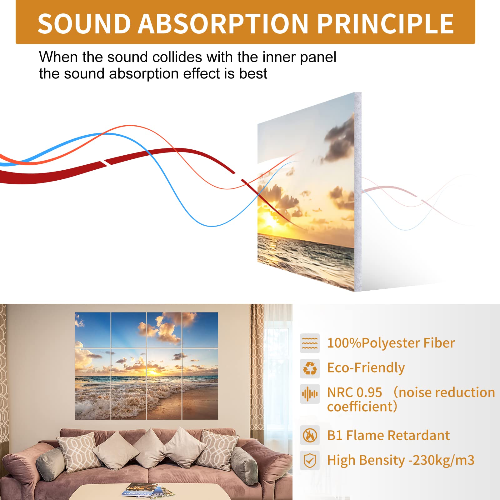 Dmsky Art Acoustic Panels,48“x36”Acoustical Wall Panel, Decorative Sound Absorbing Panel for Walls, Studio Acoustic Treatment Soundproof Wall Panel,12 Pack,Beach