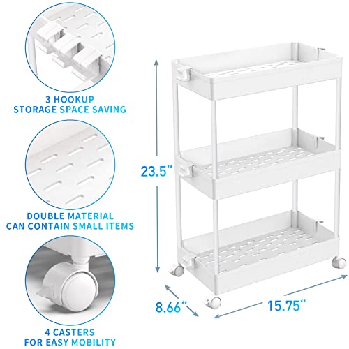 SPACEKEEPER Storage Cart 3 Tier Bathroom Storage Organizers, Rolling Utility Cart with Wheels Slide Out Storage Shelves Mobile Shelving Unit Organizer for Office, Bedroom, Laundry Room, White, 2 Pack