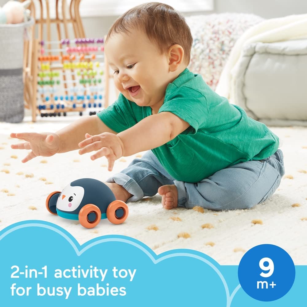 Fisher-Price Roll, Pop & Zoom Friends ~ Blue Penguin ~ Crawl After Toy for Babies 9 Months and Up ~ Develops Sensory Skills