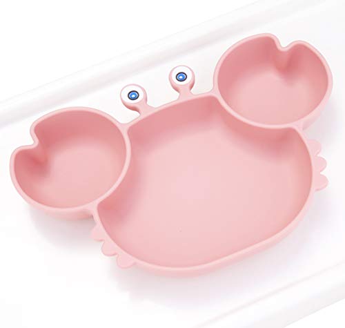 Silicone Suction Plate for Toddlers with Fork Spoon Set - Self Feeding Training Divided Plate Dish and Bowl for Baby and Toddler, Fits for Most Highchairs Trays (Pink)