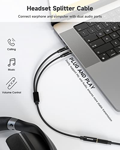 ZOOAUX Headphone Splitter Mic Cable for Computer, 3.5mm Headphone Mic Stereo Y Splitter, Headset 3.5mm Female to 2 Dual Male Microphone Audio Jack Stereo Jack to Gaming Speaker PC Adapter