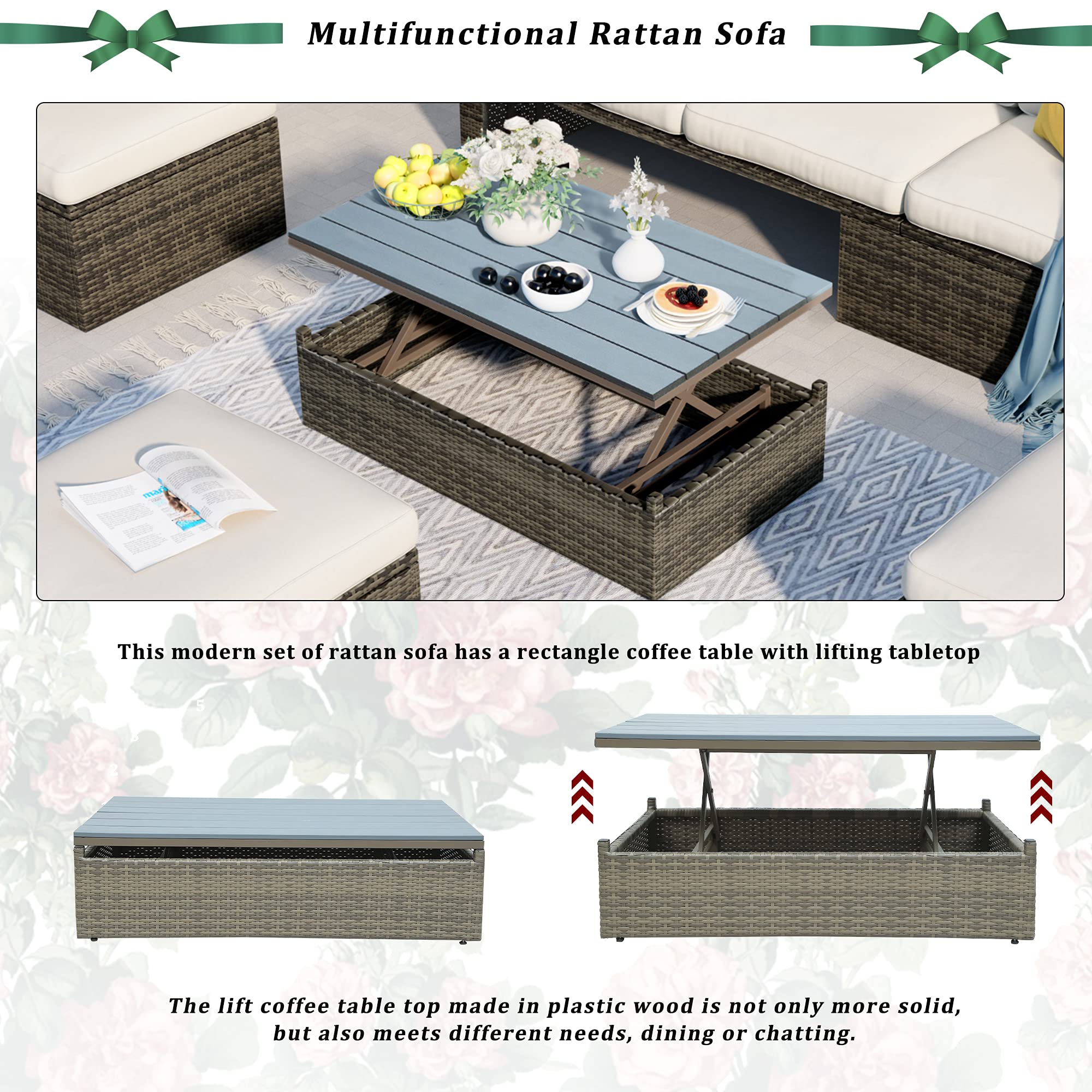 LUMISOL 5 Piece Patio Furniture Set, Outdoor Wicker Sofa Set with Adjustable Backrest, Cushions, Ottomans and Lift Top Coffee Table for Garden, Poolside, Backyard, Balcony, Beige