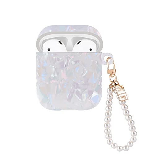 Glitter Shell Design Case for AirPods 1/2 with Pearl Wrist Chain Keychain,Colorful Sparkle Bling Pretty Cute Protective Skin Cover for Airpods 2nd Generation TPU Shock Proof for Women Girls -White