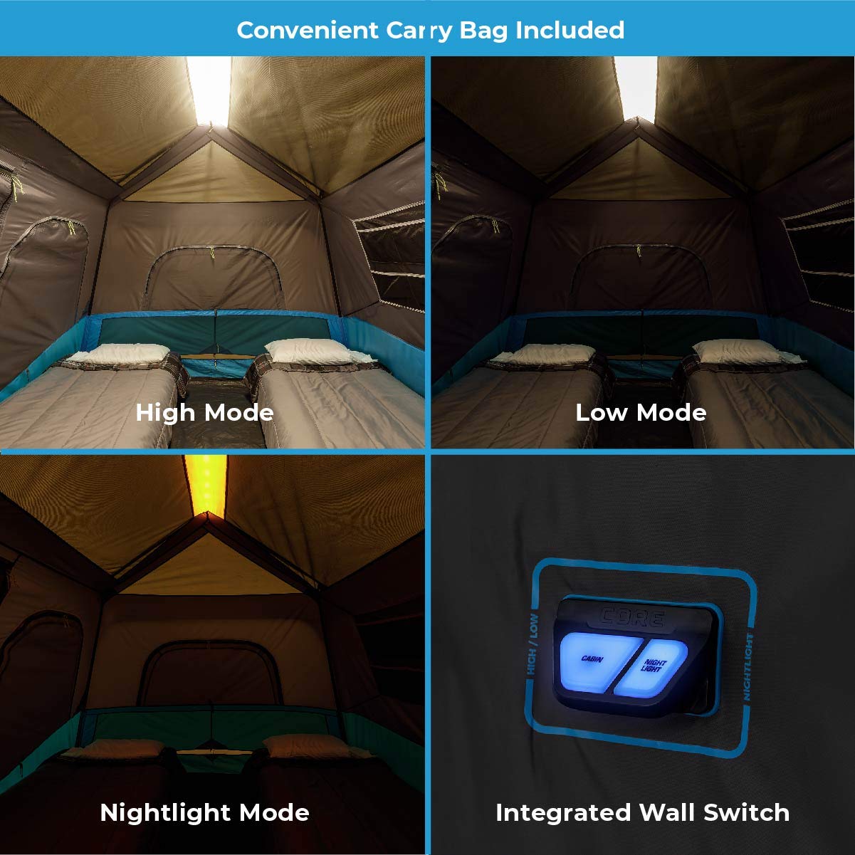 CORE 9 Person Instant Cabin Tent with LED Lights | Lighted Pop Up Camping Tent with Easy 2 Minute Camp Setup | Portable Large Family Cabin Multi Room Tents for Camping