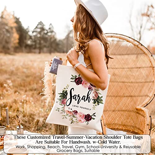 Personalized Wedding Gift Bags for Women w/Name & Text - 6 Floral Designs Customized Bridesmaid Canvas Bag Custom Flower Bride Shoulder Bachelorette Party Bridal Shower Tote C1, Beige