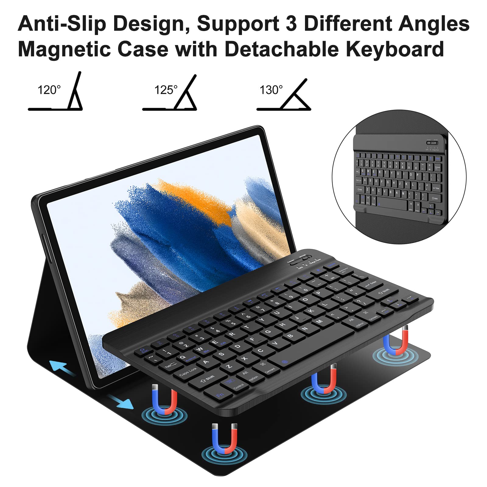 for Galaxy Tab A8 Keyboard Case 10.5 inch 2022, Long Battery Life & Rechargeable - Bluetooth Detachable Keyboard for Samsung Tablet A8 (SM-X200 X205 X207) Slim Folio TPU Stand Case, Black
