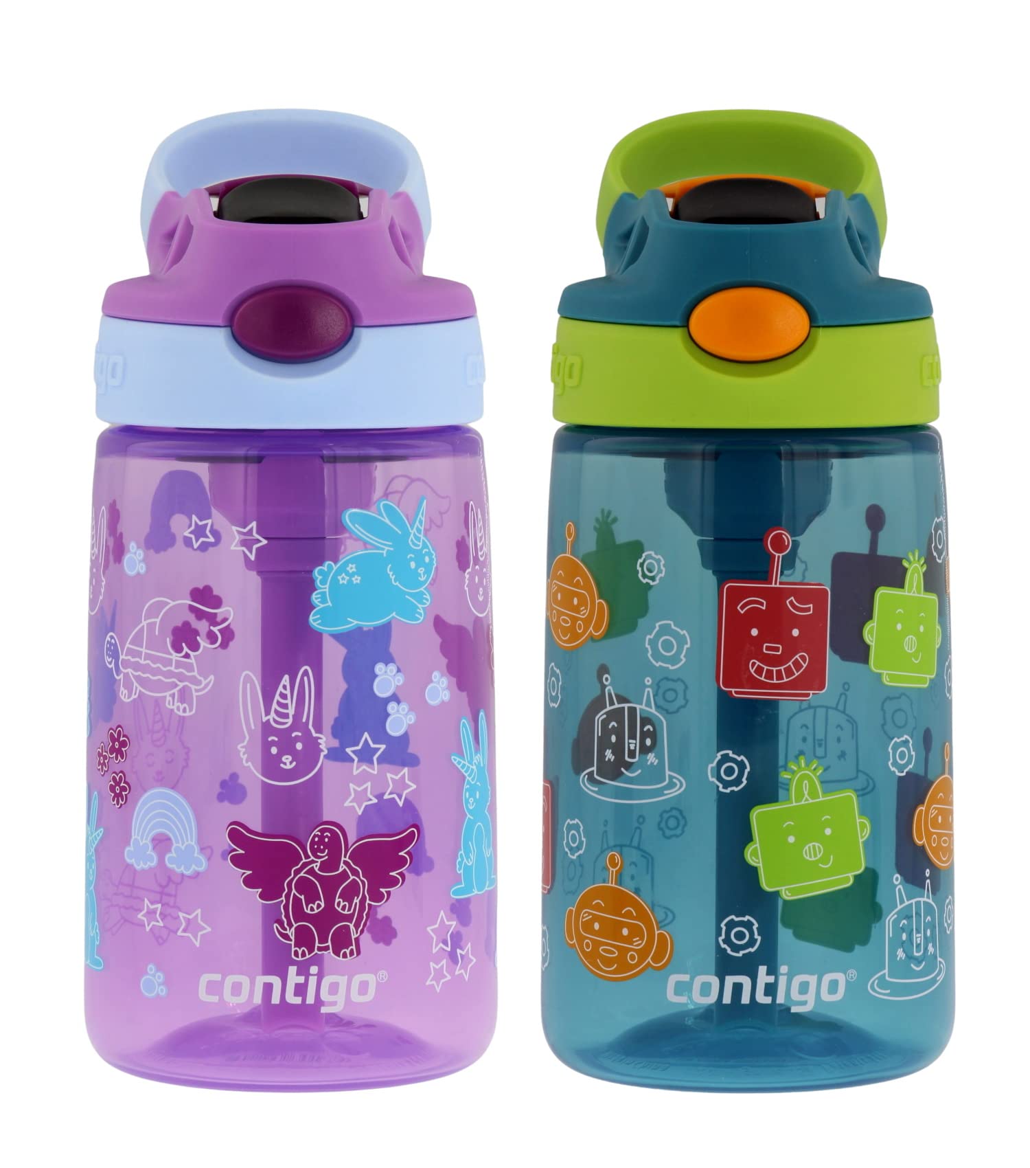 Contigo 14 oz Kids Plastic Water Bottle with Straw Lid, 2 Pack - Purple Bunnicorns and Blue Friendly Bots