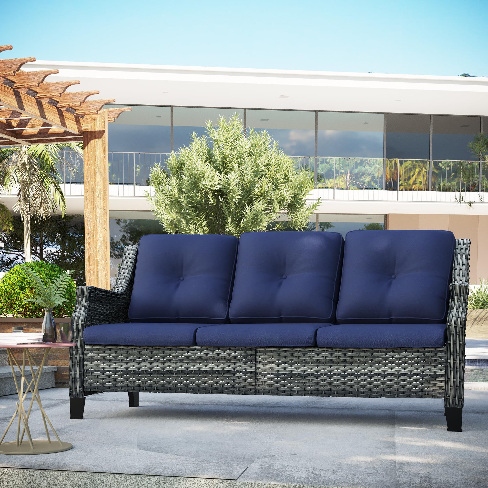 Joyside Outdoor Patio Couch Wicker Sofa - 3 Seater Rattan Sofa for Outside Patio Garden with Deep Seating and Olefin Cushions(Mixed Grey/Dark Blue)
