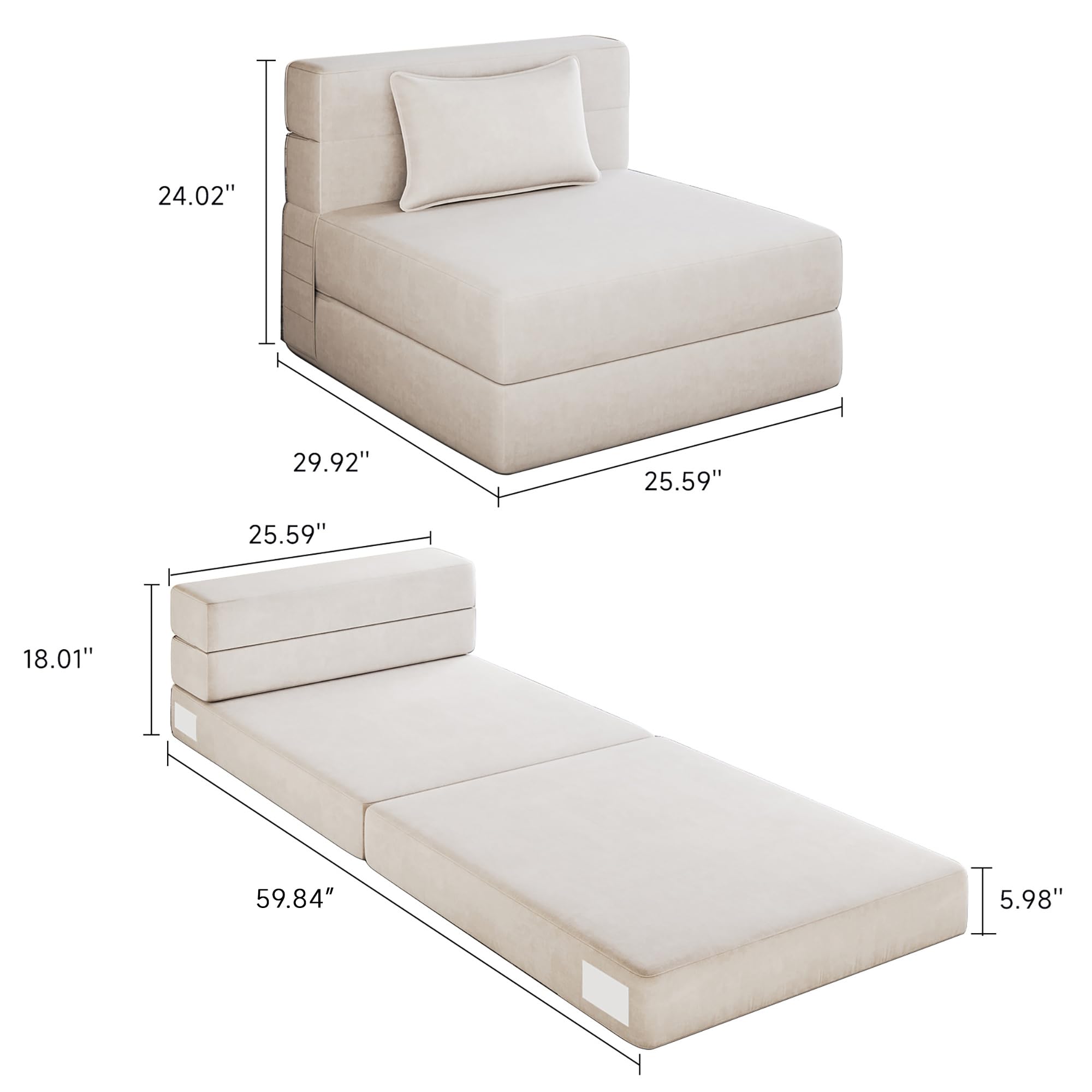 Luoxiao Folding Sofa Bed Single with Pillow, Portable Foldable Sofa Bed for Travel, Camping, Guest, Folding Lounge Chaise with Breathable & Washable Cover, Convertible and Easy to Storage, Off White