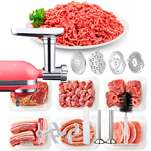 Metal Meat Food Grinder Attachments for KitchenAid Stand Mixers, Include 4 Stainless Steel Grinding Plates, 2 Grinding Blades, 2 Sausage Stuffer Tubes, a Cleaning Brush, a Removable Tray and Pusher