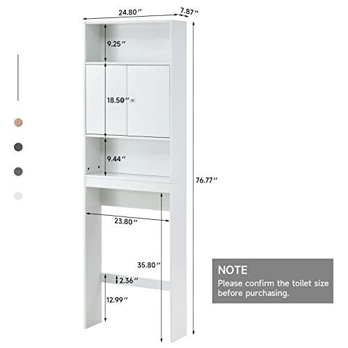 Hayiodda Over The Toilet Storage Cabinet, Double Door Bathroom Organizer Toilet Cabinet with Open Shelf, 76.77" H, White