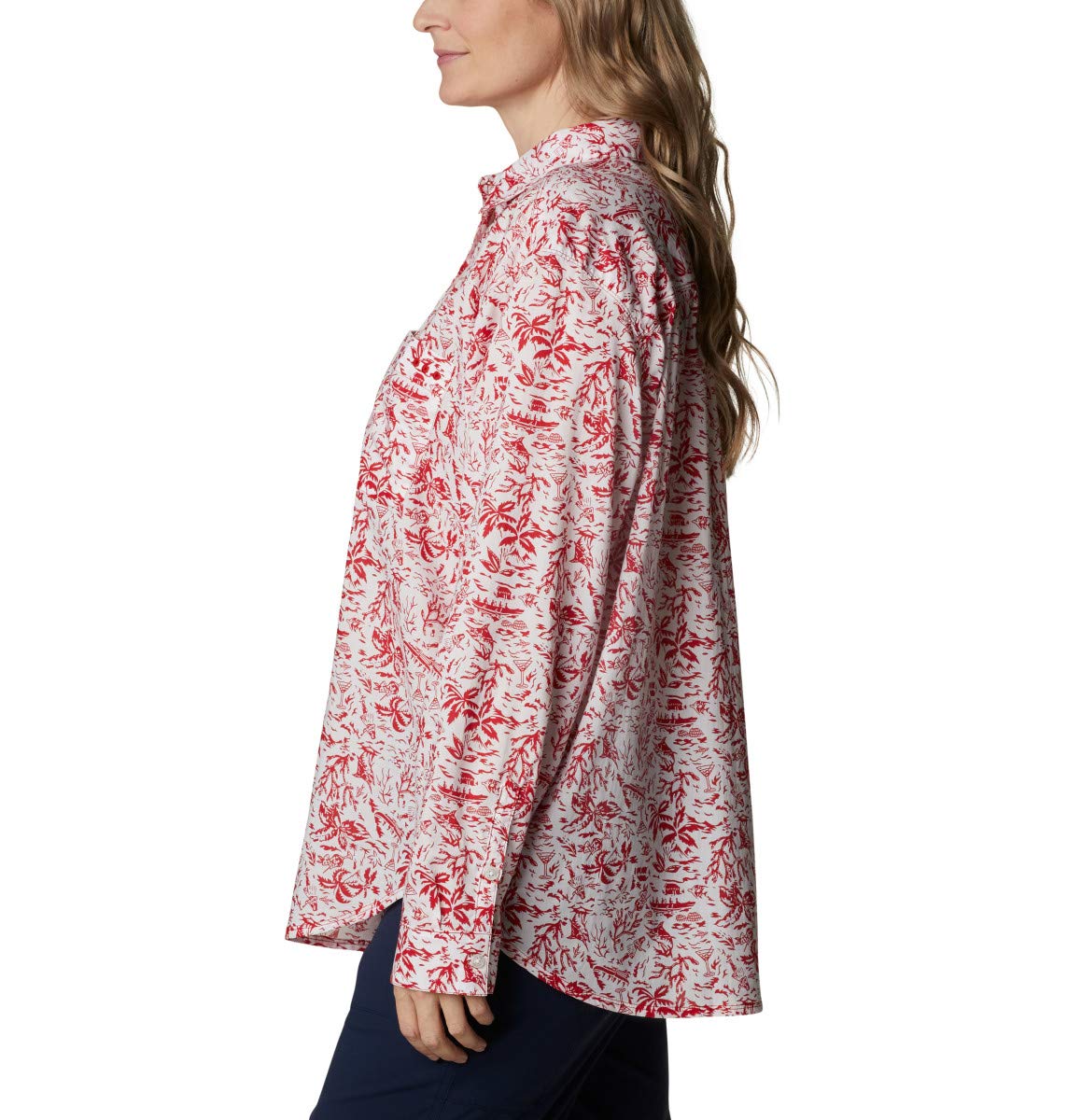 Columbia Women's Slack Water Woven Long Sleeve Shirt, Harbor Blue Kona Print, X-Large