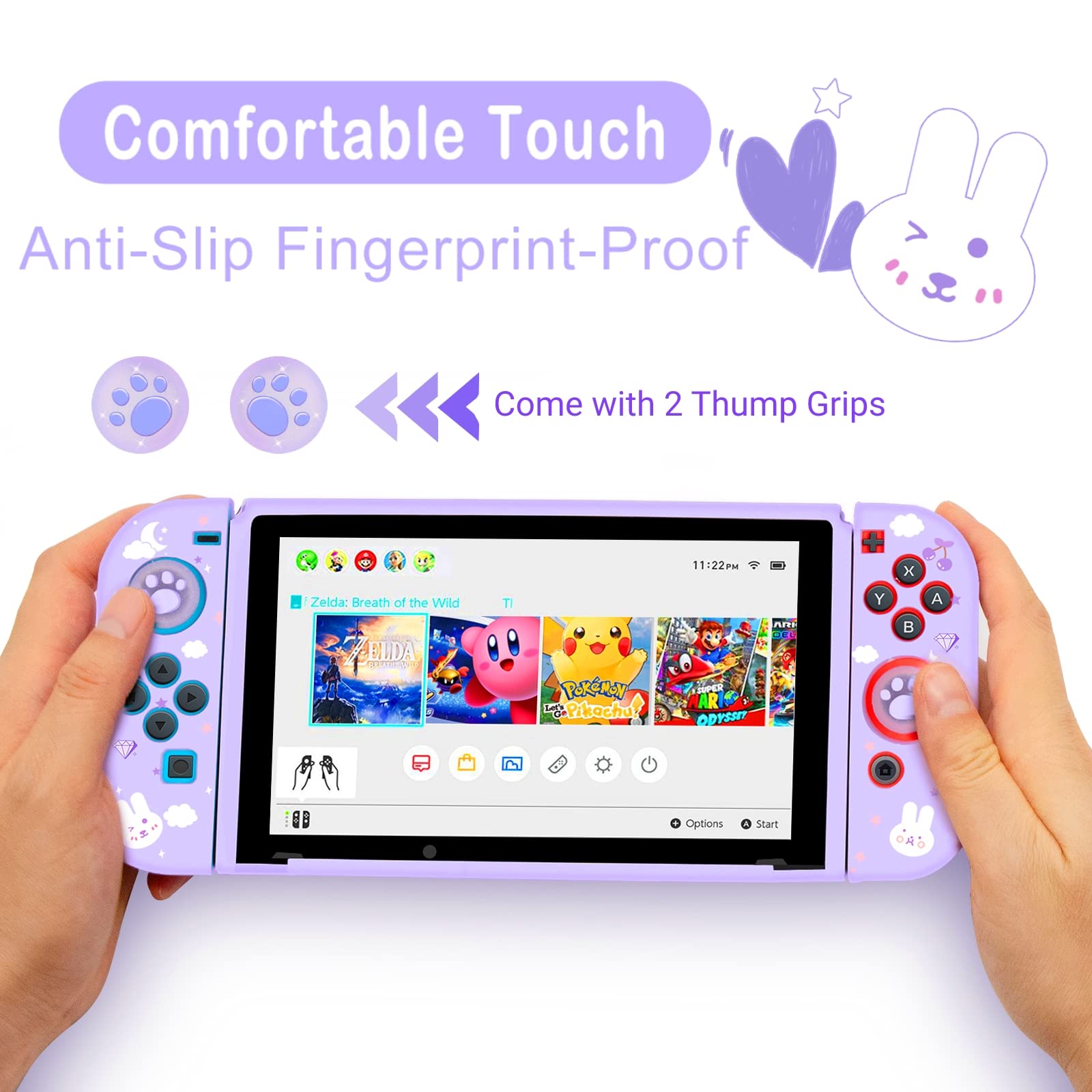 Dockable Protective Case Compatible with Nintendo Switch, Cute Soft TPU Slim Grip Cover for NS & Joy-con Controllers with 2 Cat Paw Thumb Grips Caps, Accessories Christmas Gifts for Girls-Purple Bunny