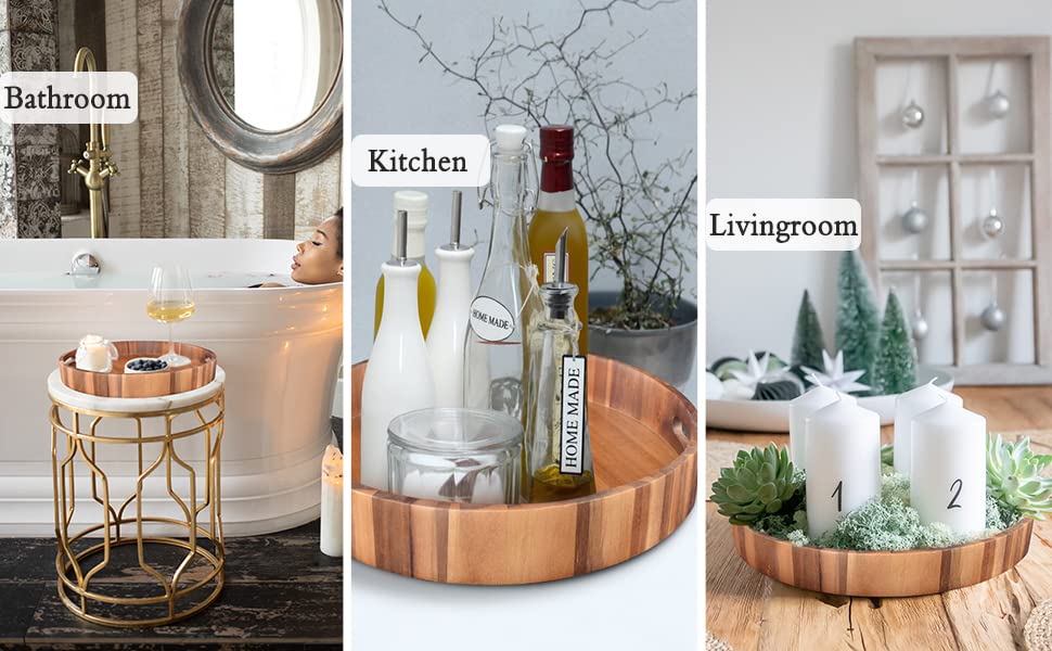 Round Wooden Serving Tray with Handles, 15¾" Large Diameter Wood Serving Trays for Ottoman, Rustic Acacia Circle Tray for Eating, Entertaining, Decorating and Organizing