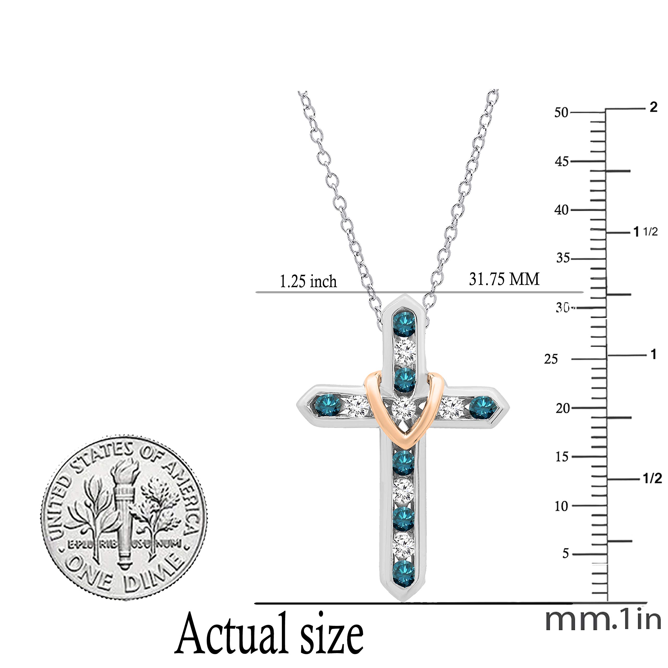 Dazzlingrock Collection Round Blue Diamond & White Sapphire Ladies Heart And Cross Pendant (Silver Chain Included), 10K White & Rose Gold