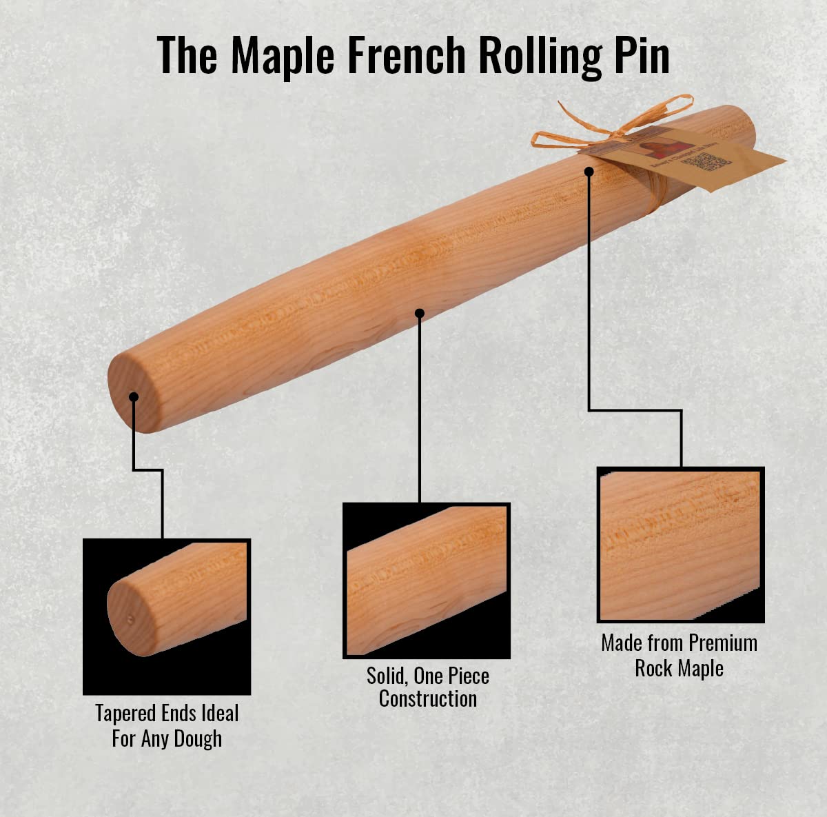 French Rolling Pin Solid Rock Maple Handmade from Adult & Teen Challenge - 20" x 2" - Tapered Handles