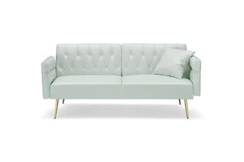 Jintop 67.71 Inch Waterproof Faux Leather Upholstered Sleeper Sofa-Bed and Adjustment Armres,Tuffed Button Couch Chaise w/Metal Legs & Pillows,for Dorm,Apartment,Studio,White, 67.71"
