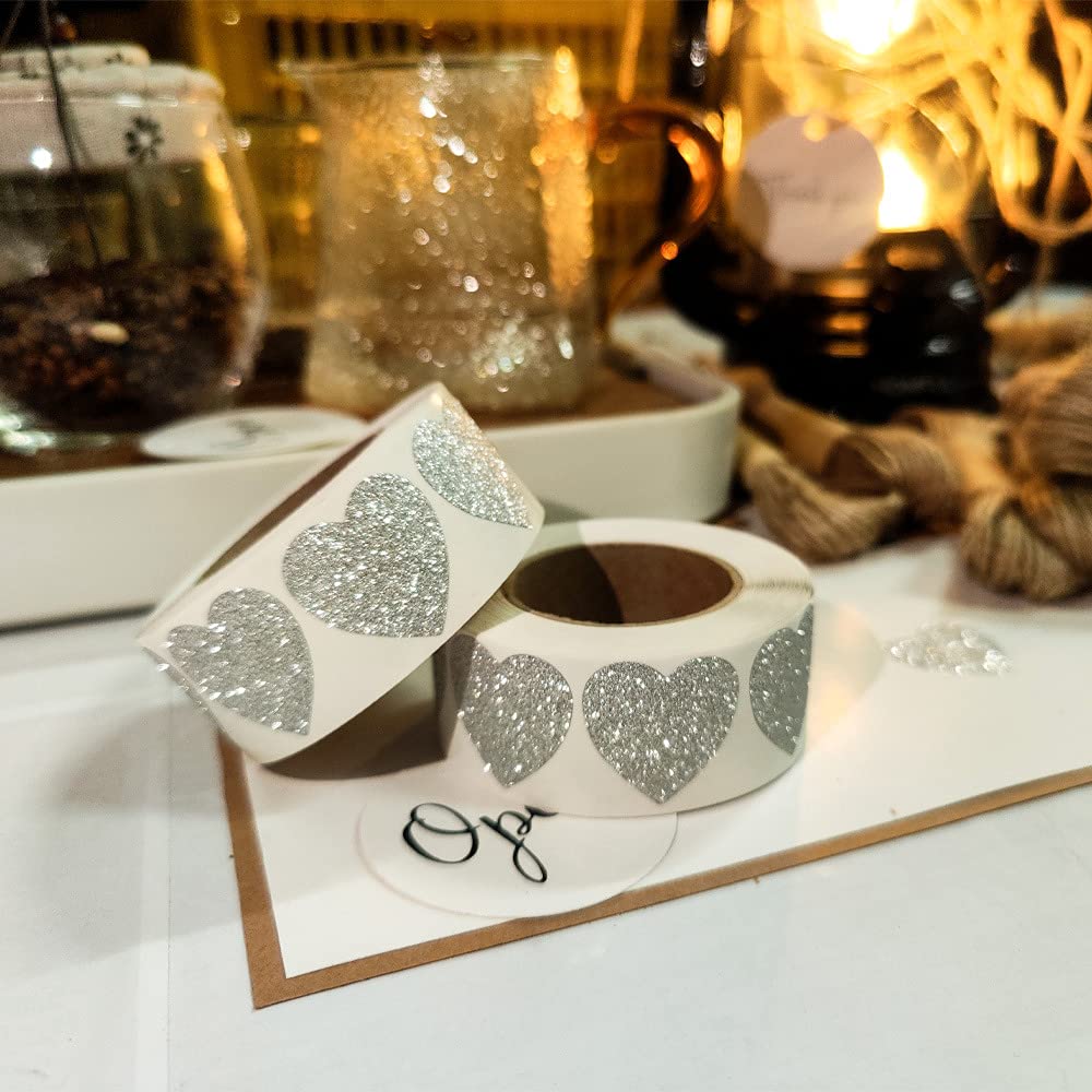 GLORYSHOP Silver Heart Stickers Roll, Glitter Dots 300 Pcs 1 Inch Self Adhesive Sticker Labels Envelope Seals for Wedding, Business, Graduation, Birthday, Party, Flower Gift Wraps