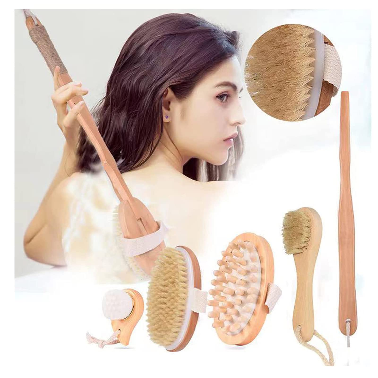 Premium Dry Brushing Body Brush Set,Exfoliating body scrubber with long handle, Natural Boar Bristle Body Brush,Face Cleansing Brush,body brush set for lymphatic drainage,Great Gift for A Glowing Skin