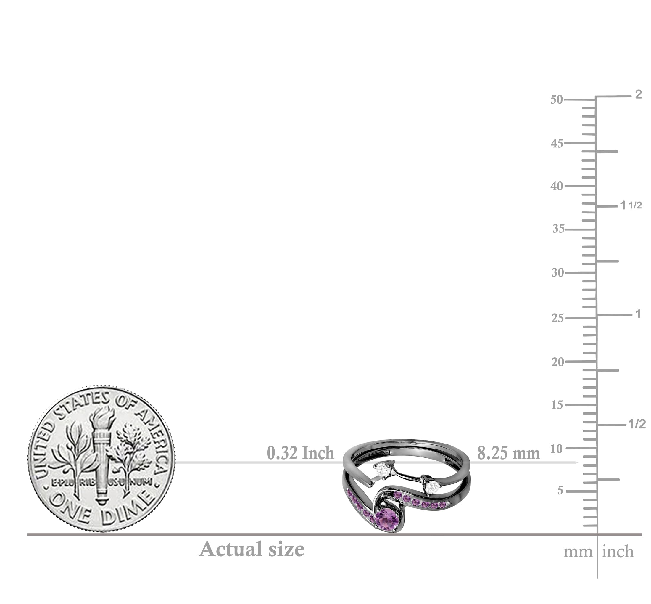 Dazzlingrock Collection Round Amethyst & White Diamond Swirl Bypass Wedding Ring Set for Women Black Plated in 10K White Gold, Size 8
