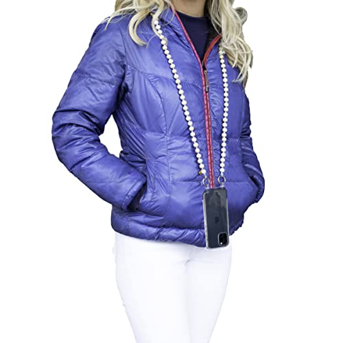 Luna Lucia iPhone 12 Crossbody Beaded Long Around The Neck Cell Phone Holder, Lanyard, Tether, Chain, Strap or Leash! for Hands Free use! Comes with iPhone 12 Case (Natural with Blue Cord)