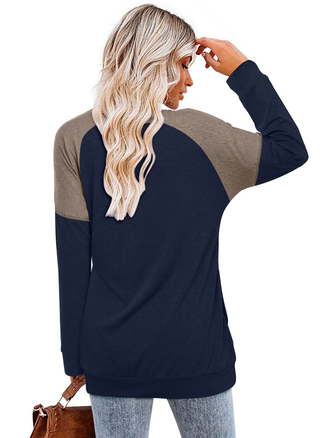 CRAZY GRID Ladies Long Sleeve T Shirt with Pockets Color Block Loose Crew Neck Casual Sweatshirt Blue Brown X-Large