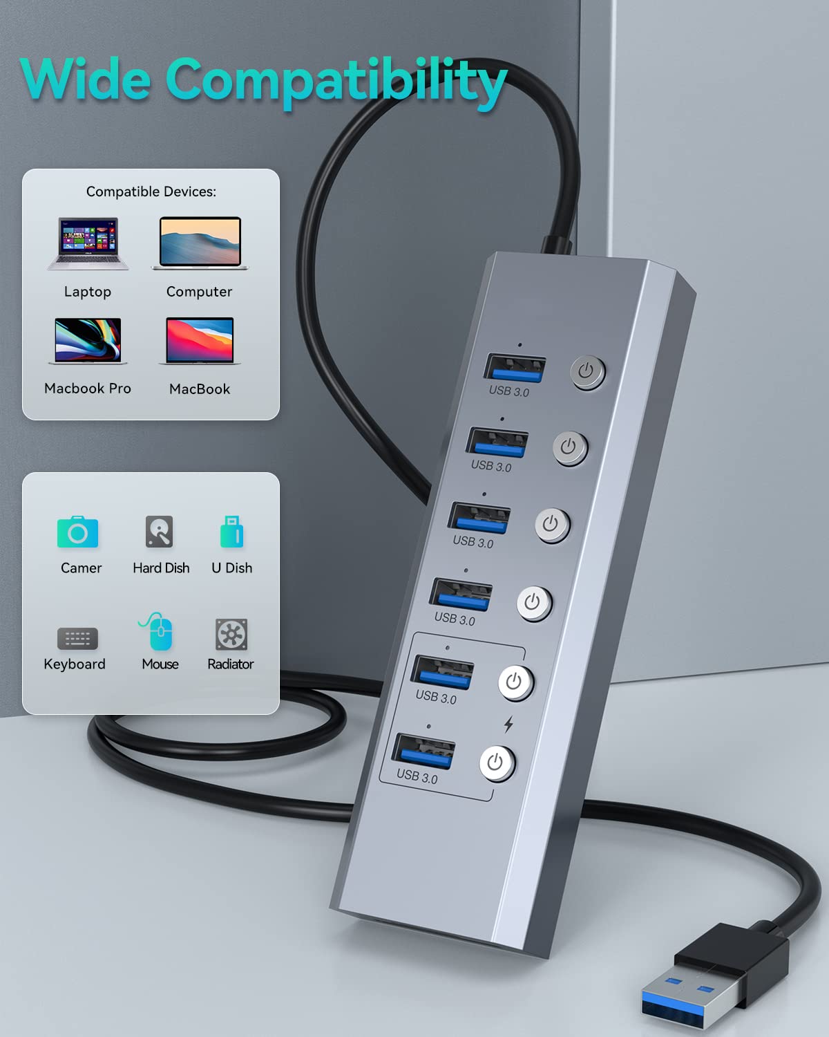 Powered USB 3.0 Hub, Elecife 8-Port Powered USB Hub, Aluminum USB Splitter with 6 USB 3.0 Data Ports, SD/TF Card Readers, Individual On/Off Power Switches and 5V/3A Power Adapter (42 inch)