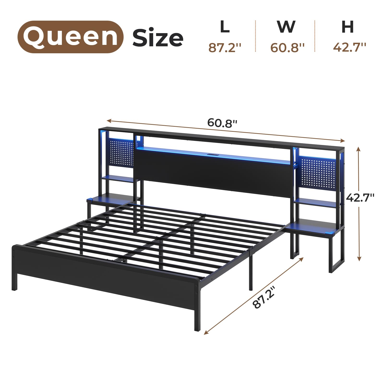 HAUOMS King Size Bed Frame with Storage Headboard & Bedside Storage, Durable Metal Platform Bed with Charging Station & LED Lights, 4-Tier Headboard, Noise-Free, No Box Spring Needed, Black