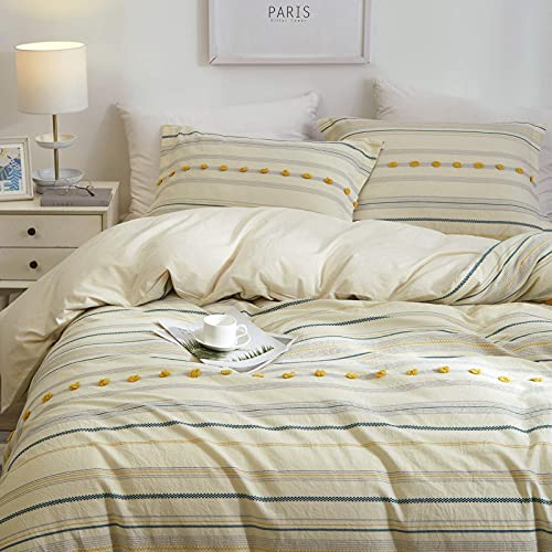 PHF 100% Cotton Tufted Duvet Cover Set King Size, 3pcs Boho Textured Jacquard Comforter Cover Set, Yarn-Dyed Decorative Duvet Cover with Pillow Shams Bedding Collection, 106"x 92", Ivory & Yellow