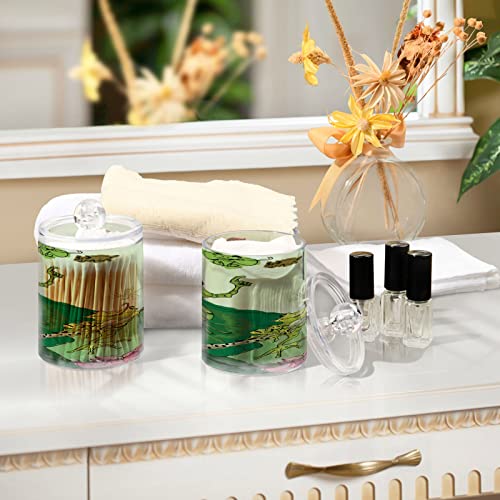 Kigai Frog Lotus Illustration Qtip Holder Dispenser for Cotton Ball, Cotton Swab,Plastic Clear Apothecary Jar, Home Décor Kitchen Storage Jar,2 Pack