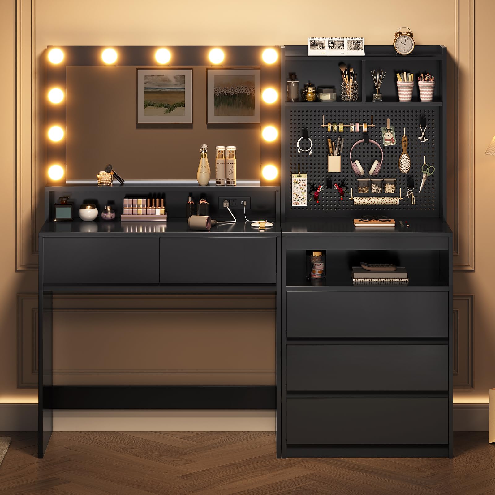 HAUOMS Vanity Desk Dresser Combo, Makeup Vanity with Mirror and LED Light & Power Outlet, Vanity Table with 5 Drawers, DIY Pegboard Included, 3 Light Settings, Modern White
