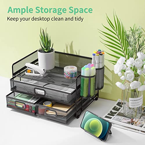 Desk Organizer with Drawers -3 Tier Desktop Organizer with Pen Holder and Drawer, Multi-Functional Desk Organizers and Accessories, Mesh Paper Organizer for Home Office Supplies(No Assembly)