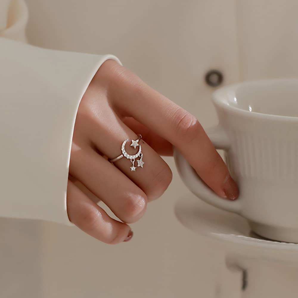 Crescent Moon Star Open Rings for Women Cubic Zirconia Dangle Tassel Adjustable Stacking Statement Knuckle Finger Ring Promise Wedding Promise Gift Anniversary Valentine's Day Fashion Jewelry Gifts Daughter