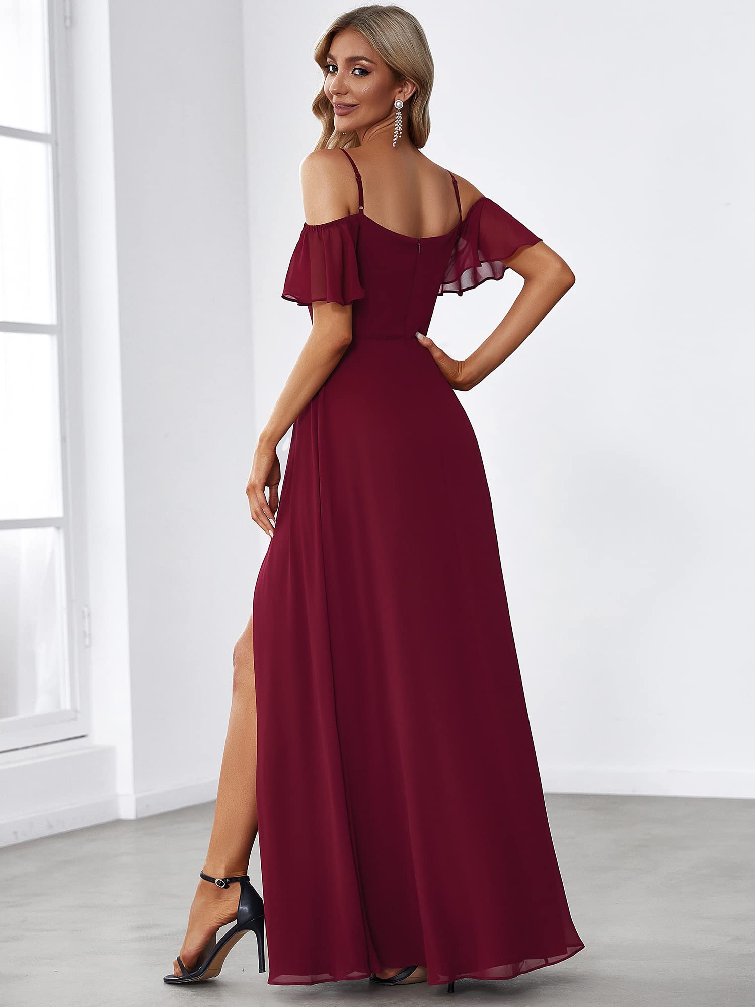 Ever-Pretty Women's Formal Dresses Off Shoulder Short Sleeve Split A-Line Floor Length Bridesmaid Dresses Burgundy US20
