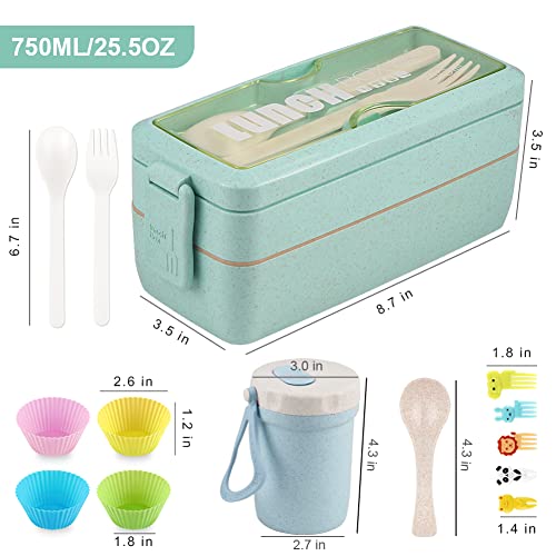 NatraProw Bento Box Adult Lunch Box with Bag, 2 layer Leakproof Lunch Box with Containers Included, BPA Free, Wheat Straw, BPA Free, Microwave Safe, Green