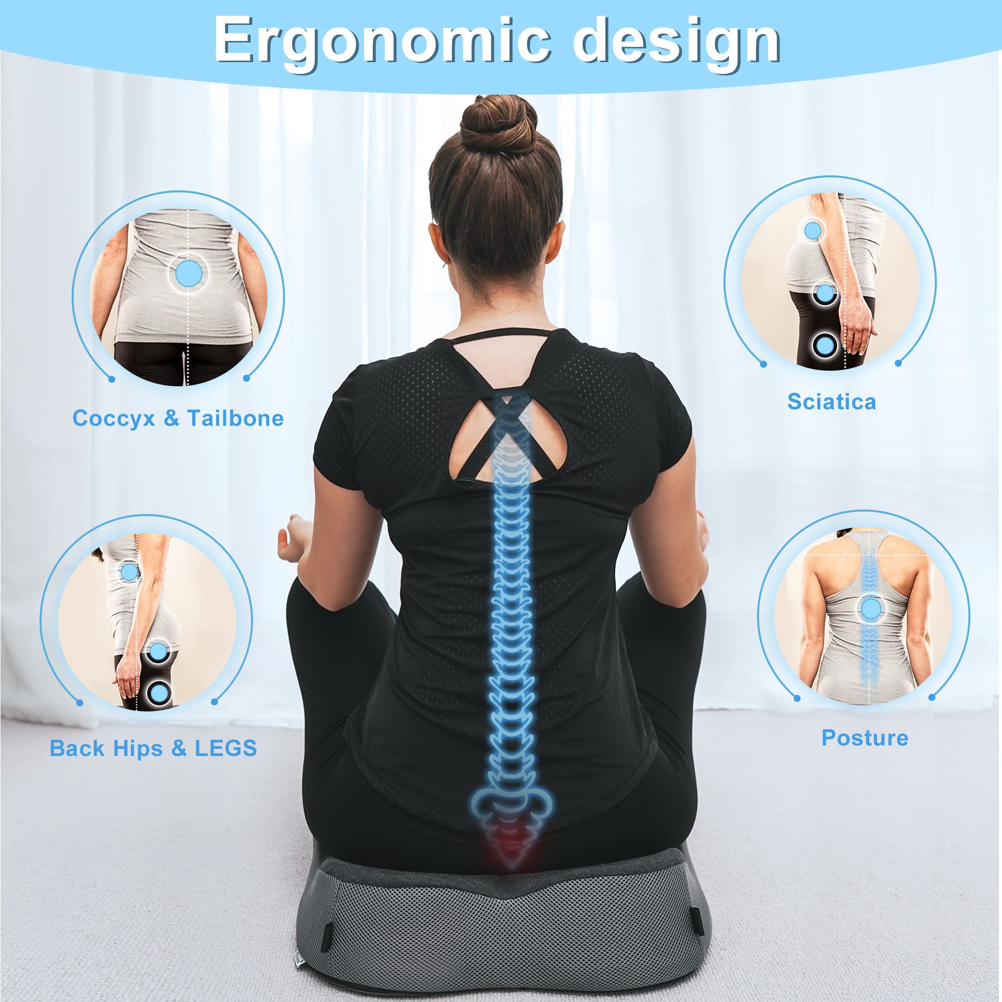 Elviros Chair Cushions, Adjustable Memory Foam Seat Cushion for Coccyx, Back, Tailbone, Sciatic Pain Relief, Non-Slip Chair Pads for Office, Car, Wheelchair, Gaming Chair (Black, Medium Soft)