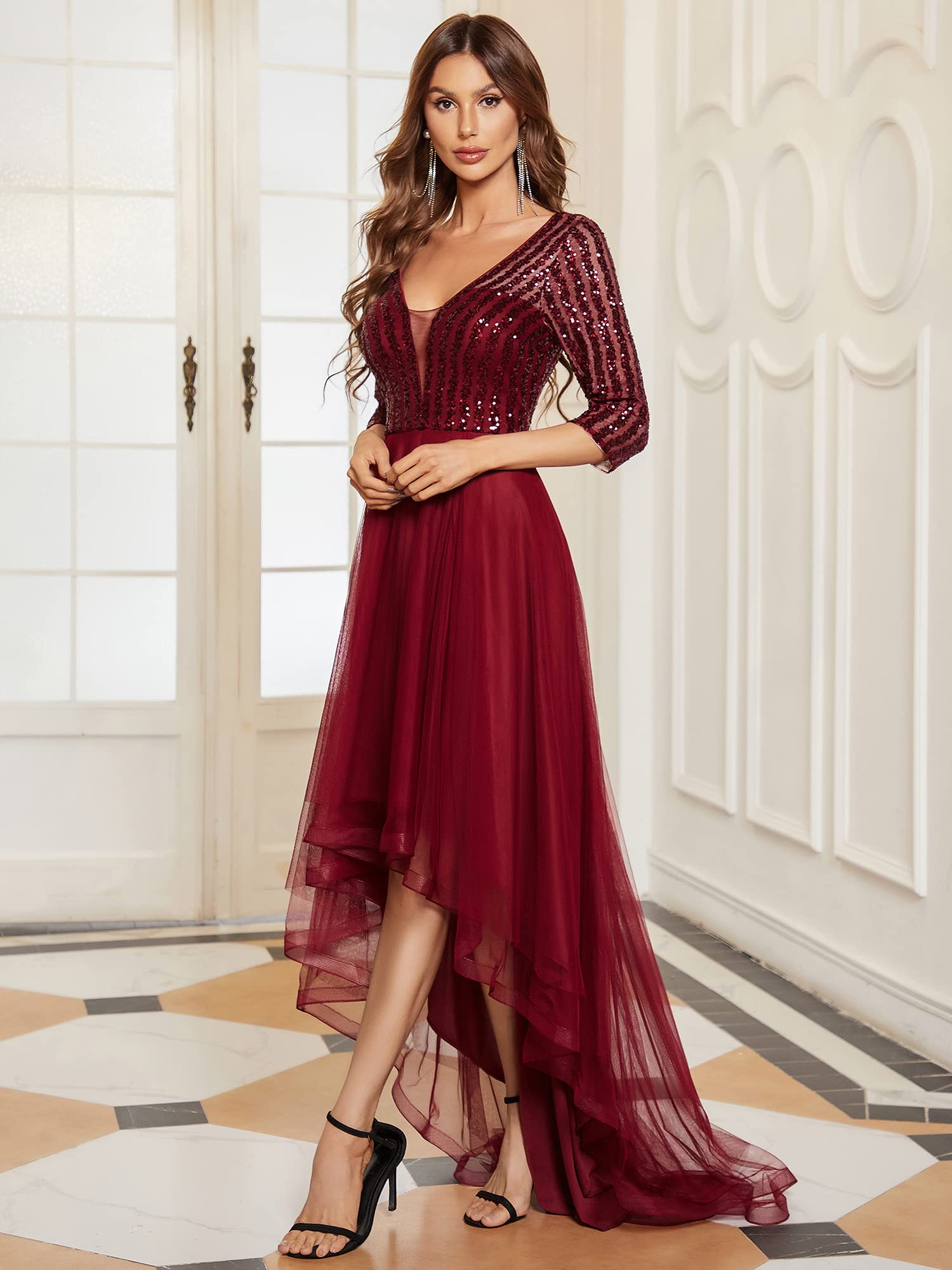 Ever-Pretty Women's High Low A-Line Sequin 3/4 Sleeve Tulle Evening Party Dress Burgundy US4