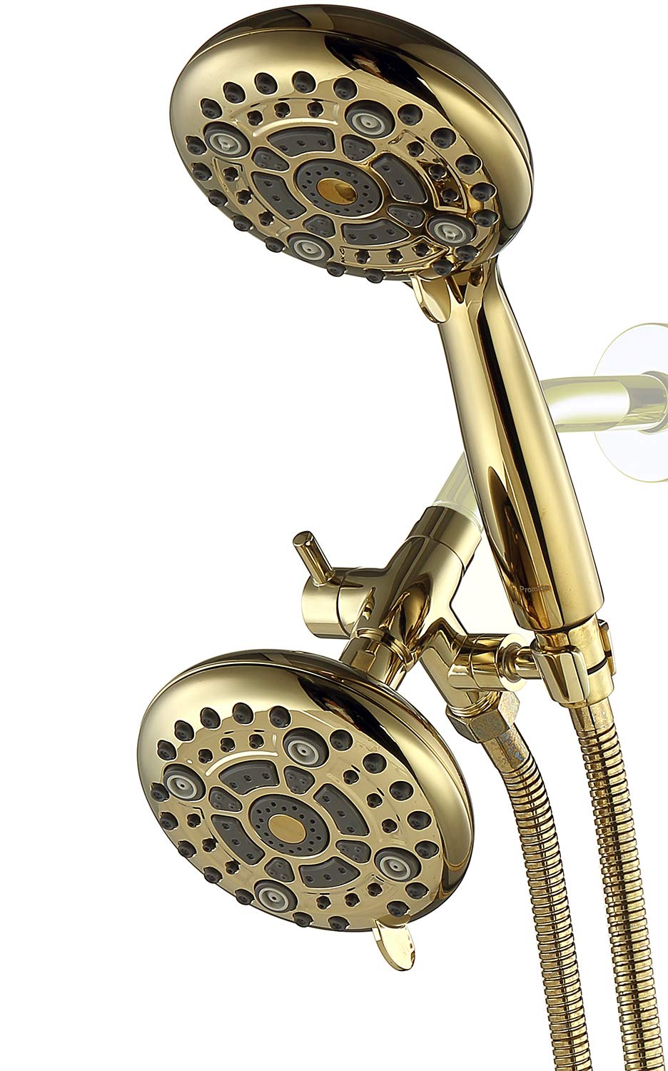 G-Promise High Pressure Dual Shower Head Combo | 72 Inches Flexible Stainless Steel Hose, 3-Way Solid Brass Diverter Bracket (Polished Brass)