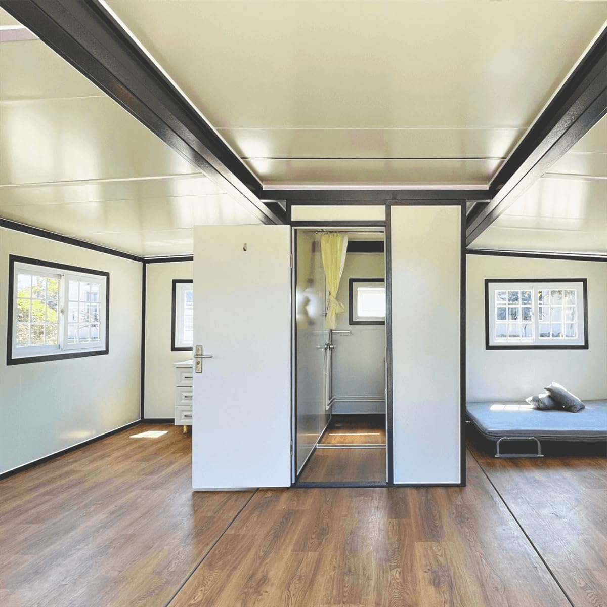 Generic Portable Prefacbricated Modern House, 19 x 20 FT, 2 Rooms, 1 Bathroom & 1 Kitchen, Alloy Steel, Foldable Outbuilding โ Light Blue, R82827
