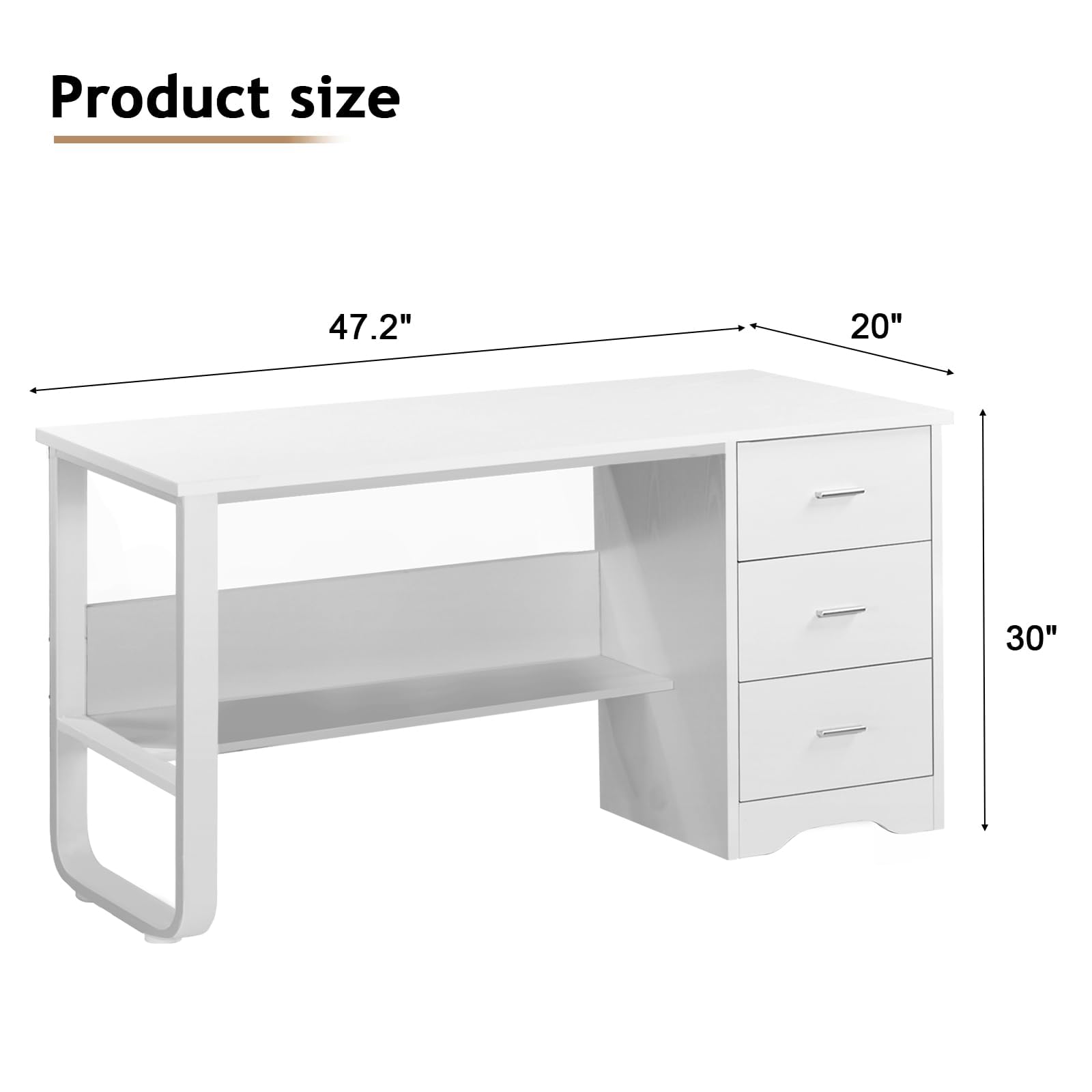 MaverickFurni White Desk with 3 Drawers, Small Desk with Stoage, Kids Desk for Bedroom, Study Desk with Bottom Shelf, White Wood Computer Desk for Home Office