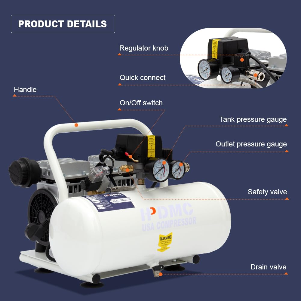 HPDMC Oil Free Air Compressor,2 HP 11 Gallon 70 dB Ultra Quiet Compressor,5.2 CFM@ 40PSI 4.0 CFM@ 90 PSI Electric Portable Air Compressor