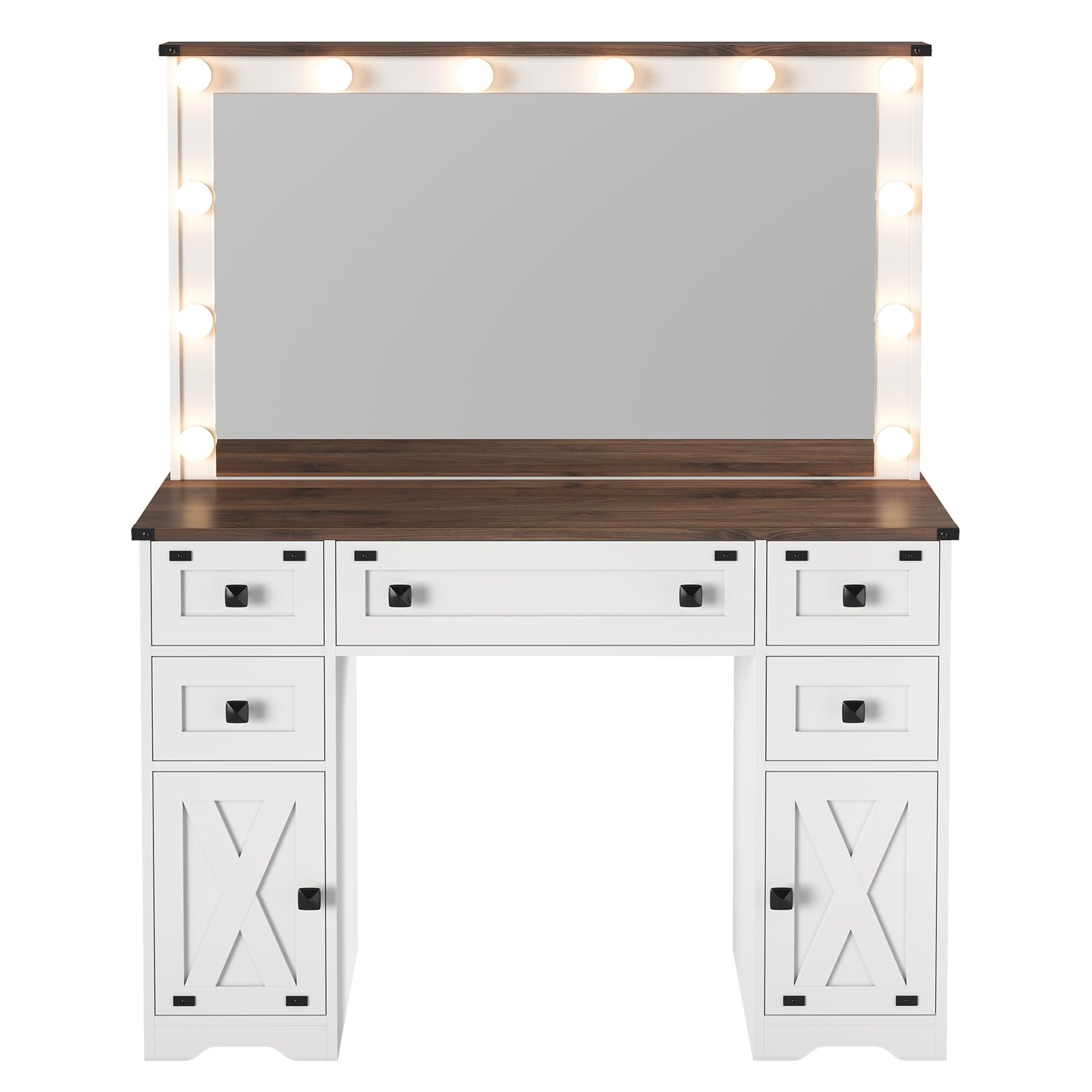 Hasuit Farmhouse Vanity Desk with LED Lights Mirror & Power Outlet 43'' Makeup Vanity Table with 5 Drawers & 2 Cabinets, Dressing Table for Bedroom,3 Color Lighting Modes Adjustable Brightness,White
