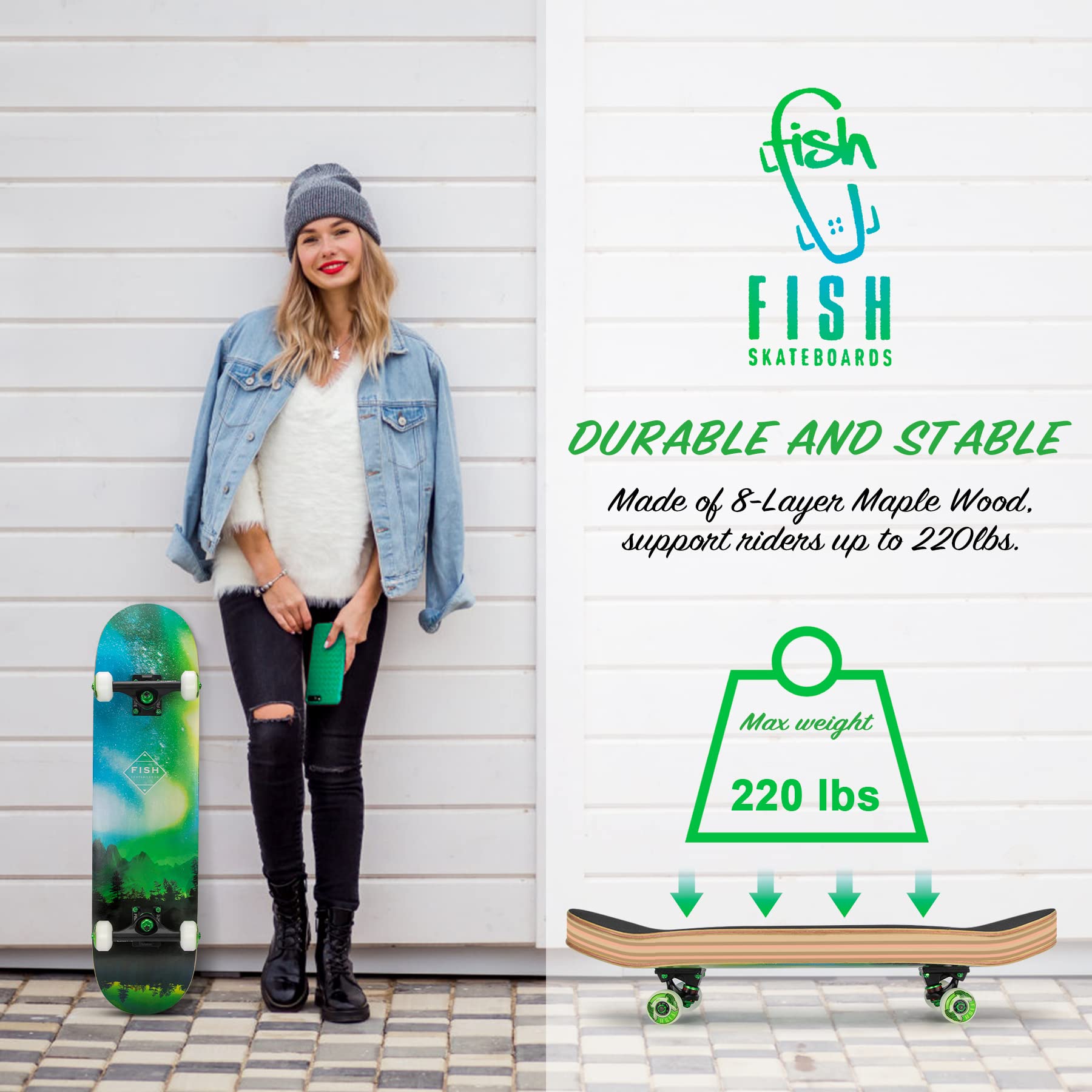 FISH SKATEBOARDS Standard Skateboard, Complete Skateboard 31''x 8'', 7 Layer Canadian Maple Double Kick Deck Concave Cruiser Trick Skateboards for Kids Boys Girls Youths Beginners.