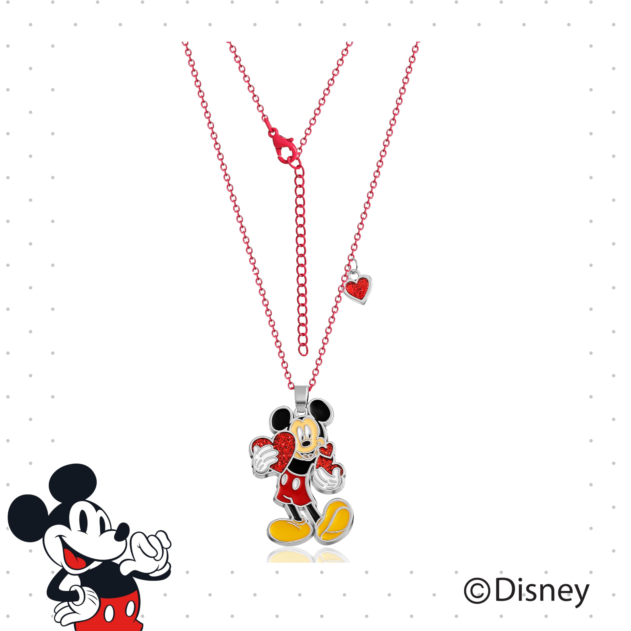 Disney Womens Mickey Mouse Necklace 16" + 2" - Red Chain Necklace with Red Heart Charm and Mickey Mouse Pendant - Mickey Mouse Gifts