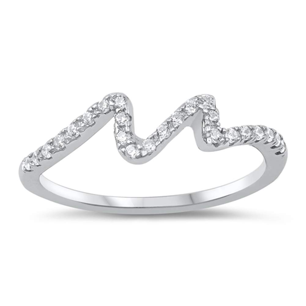 Clear CZ Cursive Wave Zig Zag Dainty Ring .925 Sterling Silver Band Size 8