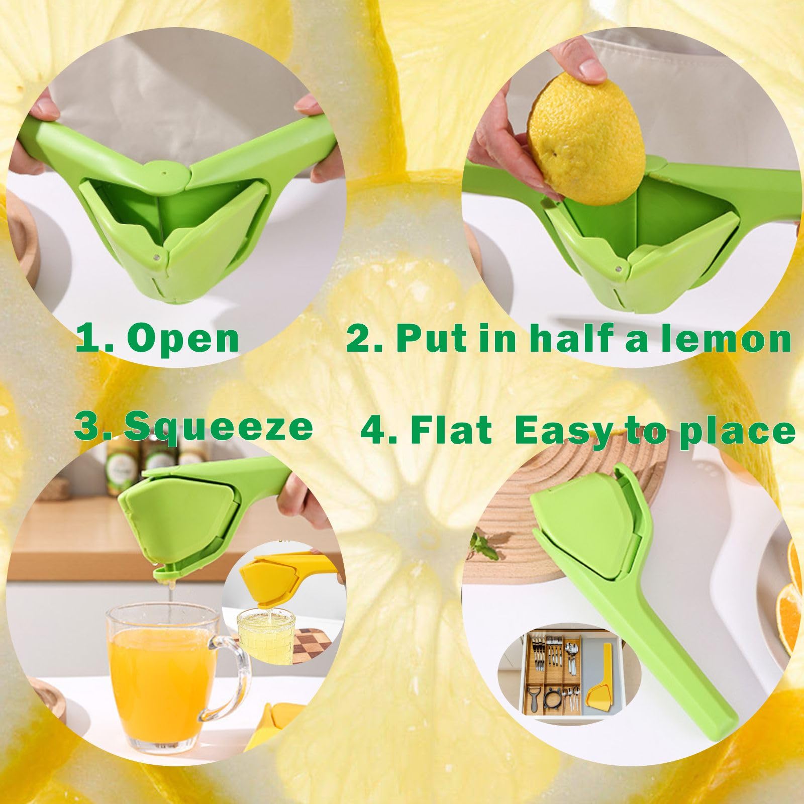 Flat Lemon Squeezer, Manual Lemon Juicer, Easy Squeeze Lime Press Squeezer, Citrus Juicer with Sideways Pivot to Increase Leverage,Lemon Juicer Hand That Folds Flat For Space-Saving Storage (Yellow)