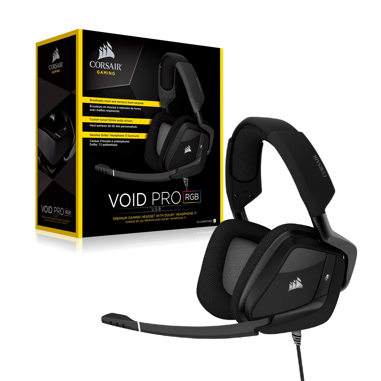 CORSAIR Void Pro RGB USB Gaming Headset - Dolby 7.1 Surround Sound Headphones for PC - Discord Certified - 50mm Drivers - Carbon