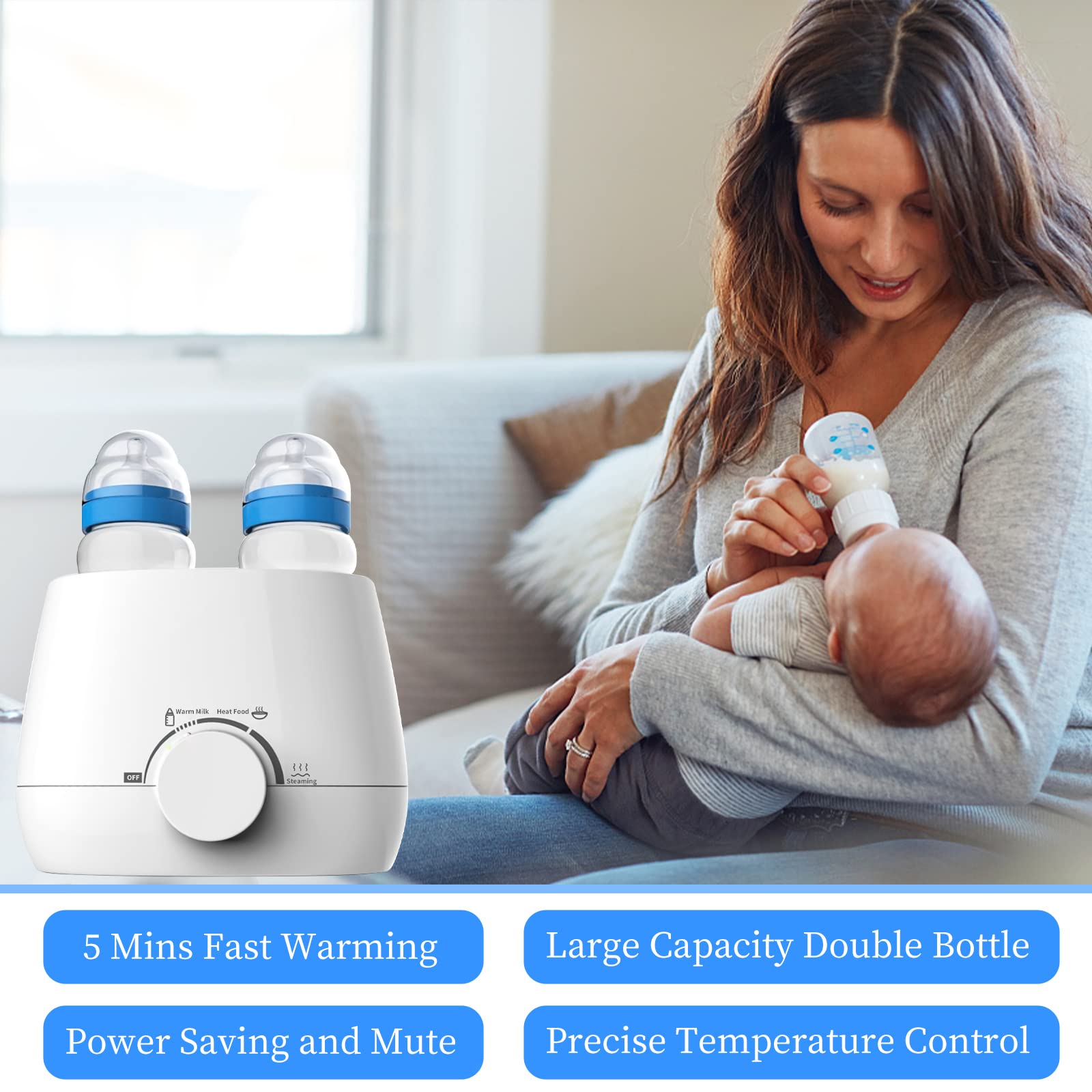Fengoo Bottle Warmer, Baby Bottle Warmer, Food Heater Milk Warmer Double Bottle, Portable Bottle Warmer for Breastmilk and Formula