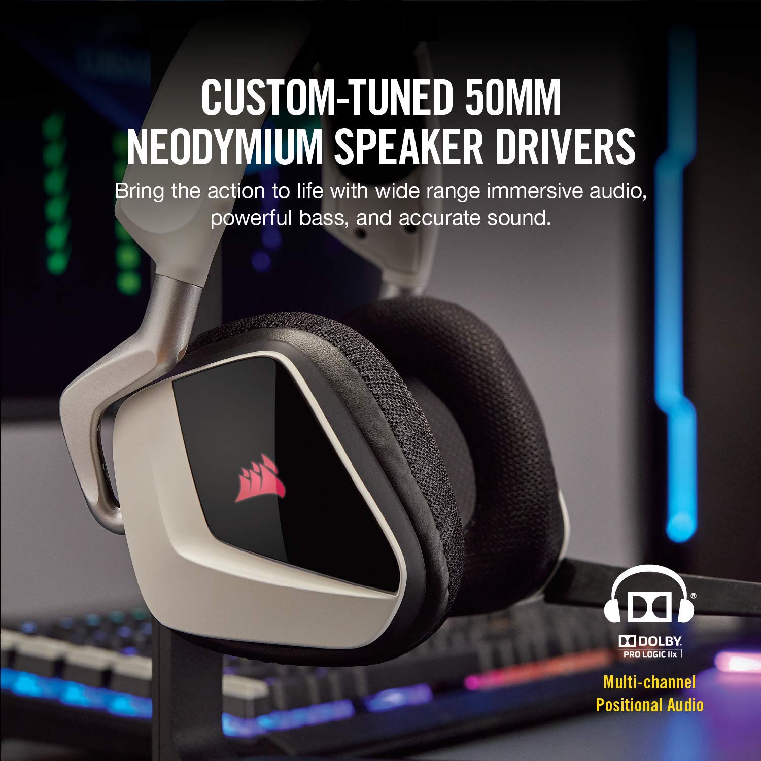 CORSAIR Void PRO RGB Wireless Gaming Headset - Dolby 7.1 Surround Sound Headphones for PC - Discord Certified - 50mm Drivers - White