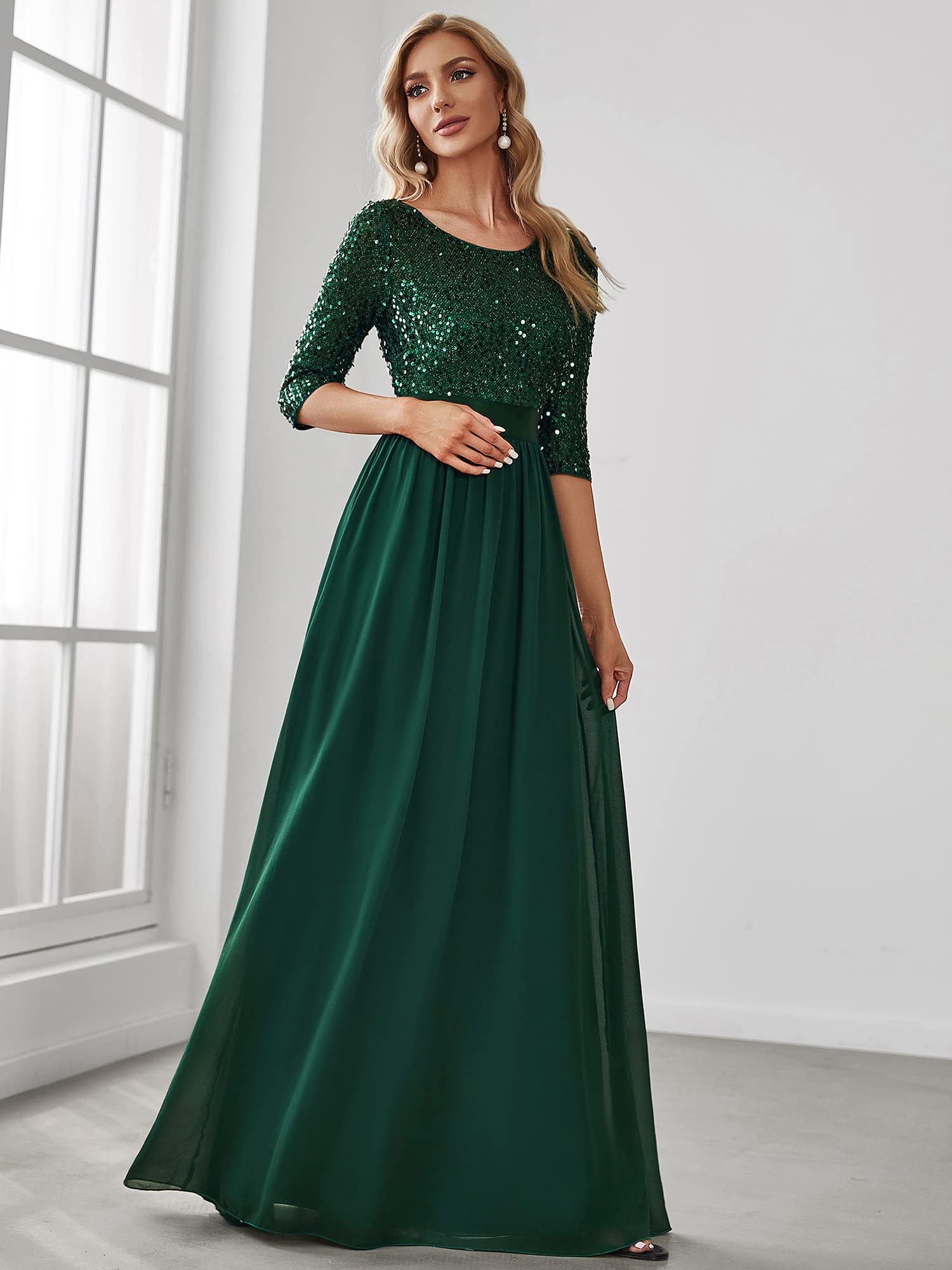 Ever-Pretty Women's Elegant A Line Crew Neck Half Sleeve Sequin Maxi Evening Dress Dark Green US14